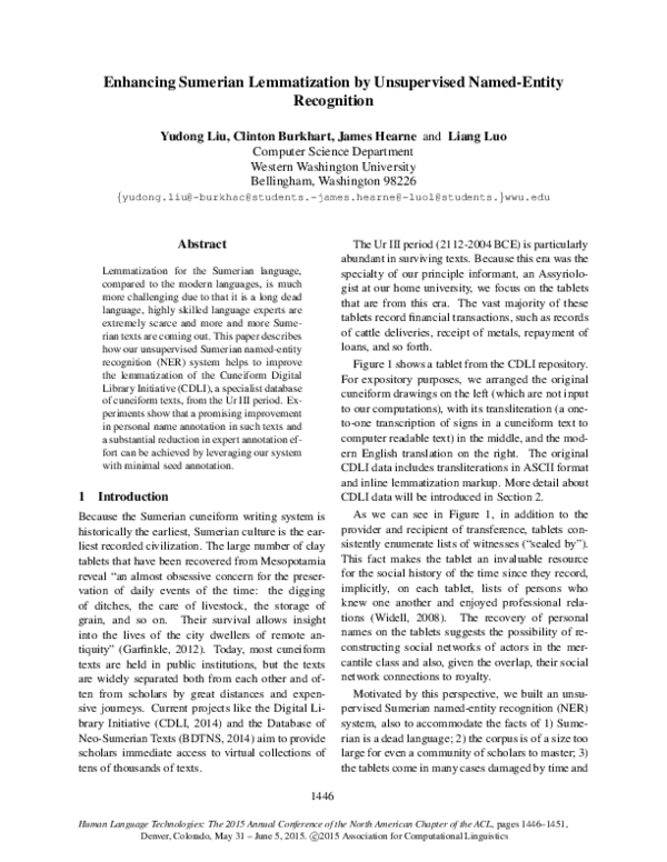 (PDF) Enhancing Sumerian Lemmatization by Unsupervised Named-Entity Recognition