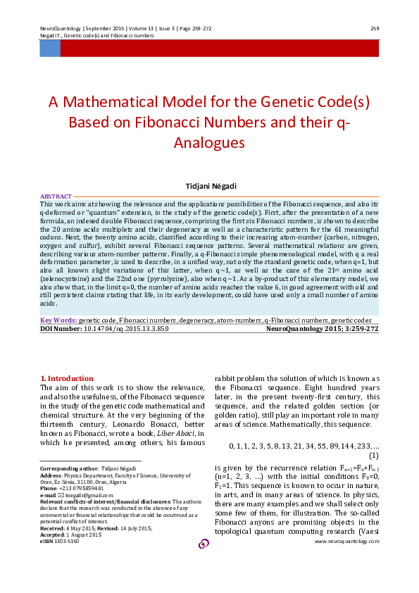 Pdf A Mathematical Model For The Genetic Codes Based On Fibonacci Numbers And Their Q Analogues