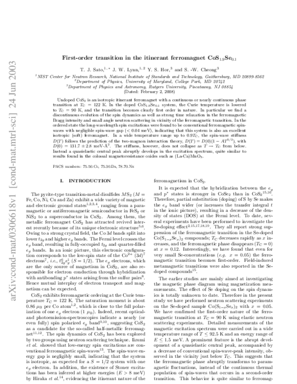 (PDF) First-order transition in the itinerant ferromagnet CoS1.9Se0.1 ...