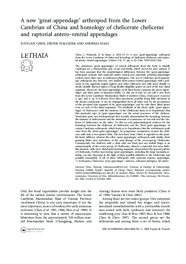 (PDF) A new 'great‐appendage'arthropod from the Lower Cambrian of China ...