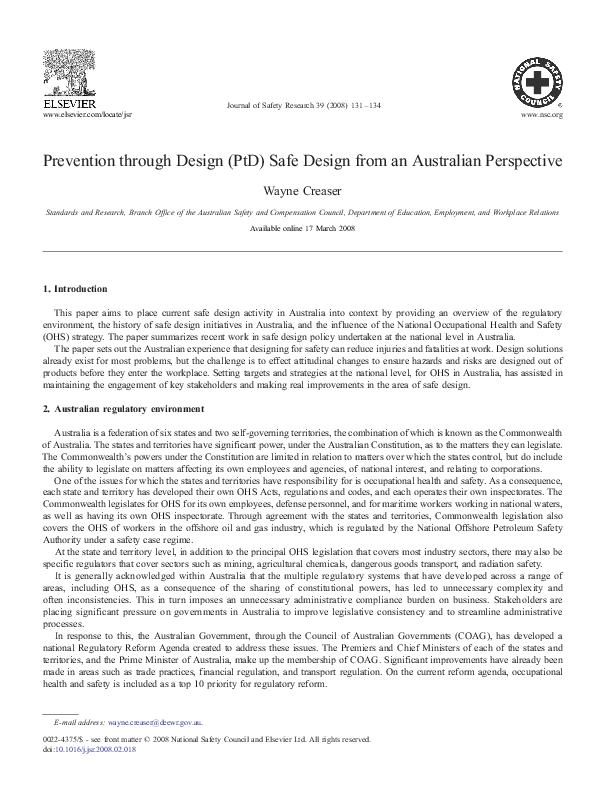 (PDF) Prevention through Design (PtD) Safe Design from an Australian ...