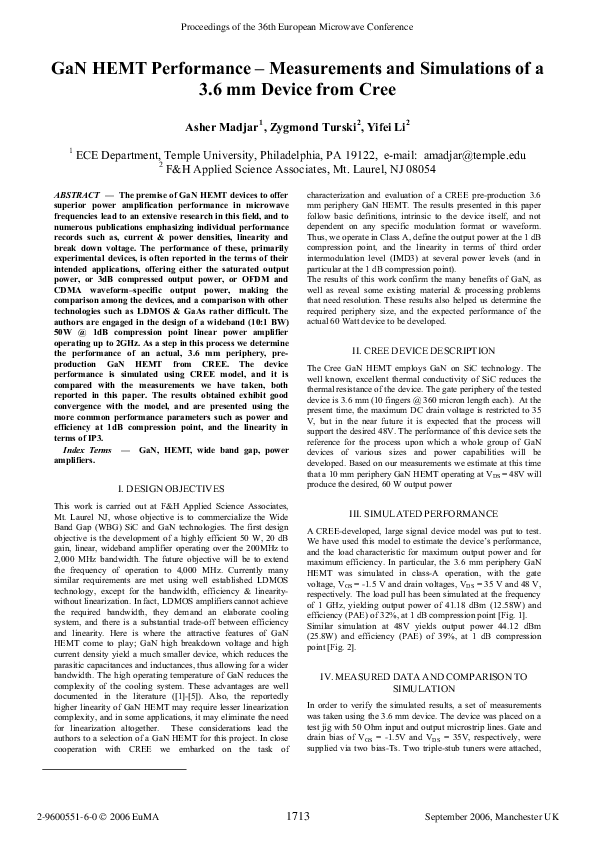 (PDF) GaN HEMT Performance - Measurements and Simulations of a 3.6 mm Device from Cree | A ...