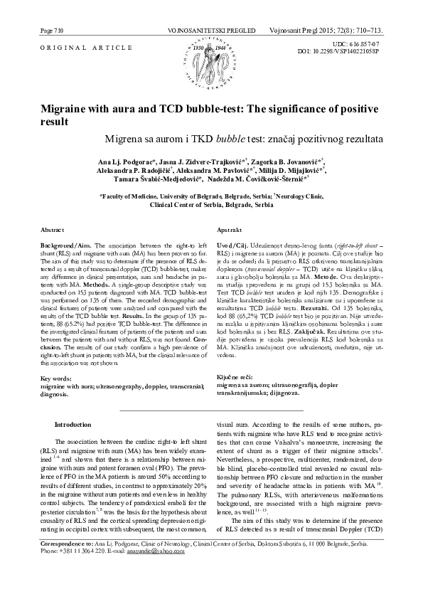 (PDF) Migraine with aura and TCD bubble-test: The significance of ...