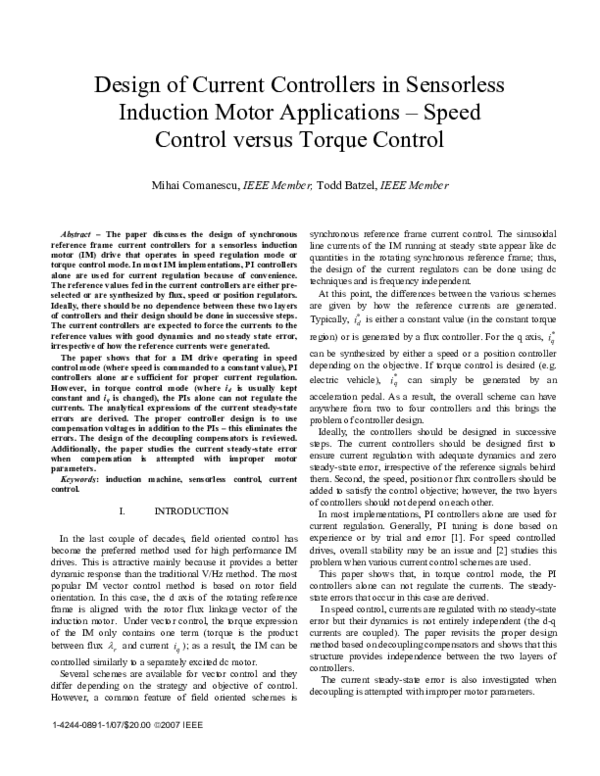 Pdf Design Of Current Controllers In Sensorless Induction Motor Applications Speed Control