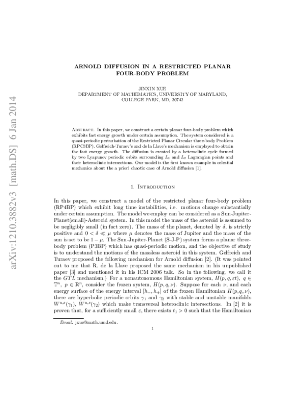 (PDF) Arnold diffusion in a restricted planar four-body problem