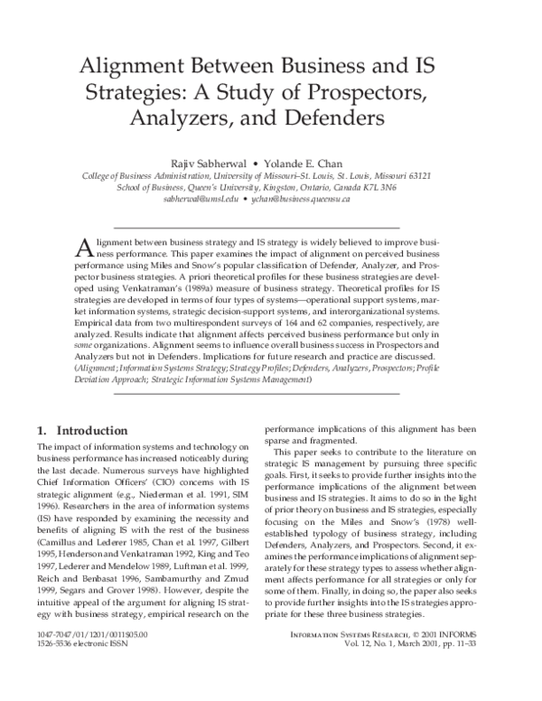 (PDF) Alignment Between Business and IS Strategies: A Study of ...