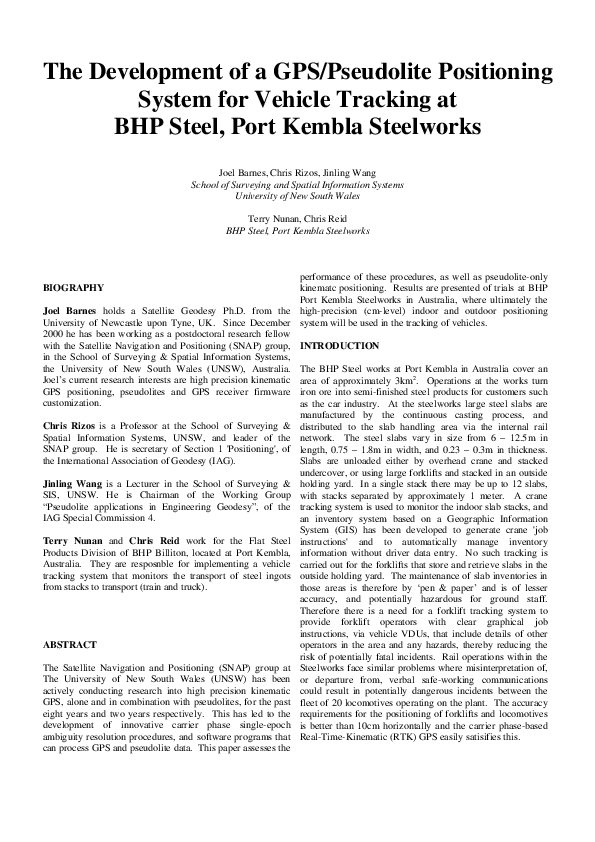 (PDF) The development of a GPS/Pseudolite positioning system for vehicle tracking at BHP Steel ...