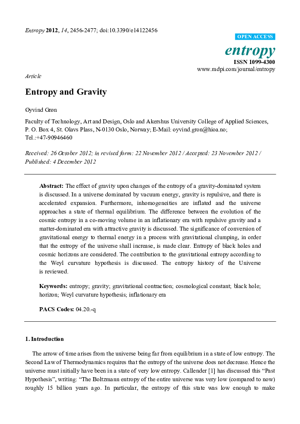 (PDF) Entropy and Gravity
