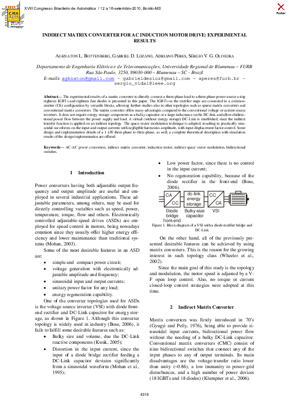 Pdf Indirect Matrix Converter For Ac Induction Motor Drives