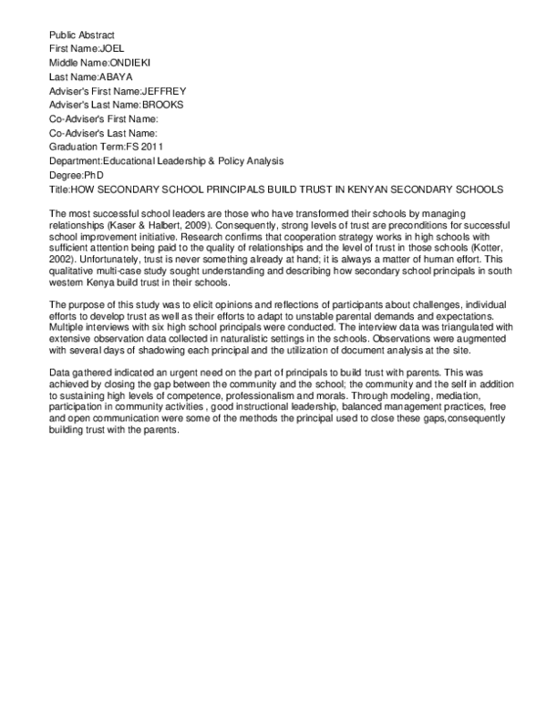 (PDF) How secondary school principals build trust in Kenyan secondary ...