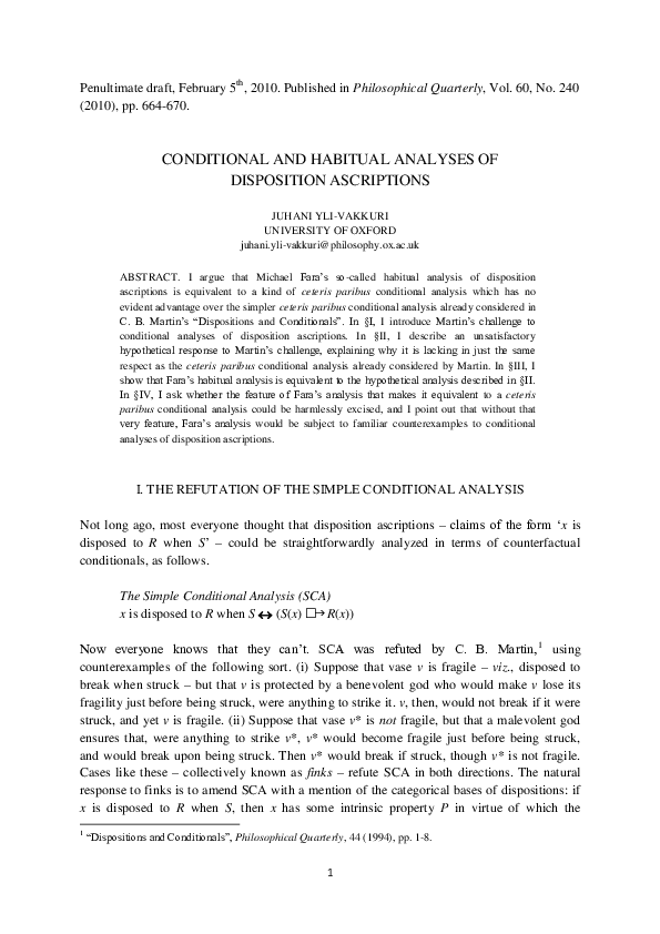(PDF) Conditional and Habitual Analyses of Disposition Ascriptions