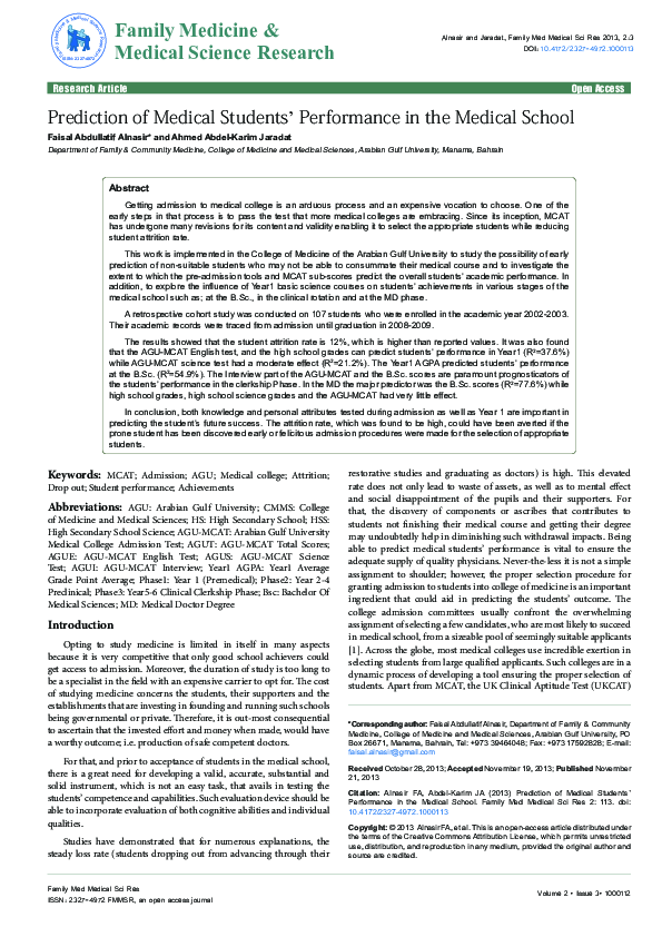 (PDF) Prediction of Medical Students’ Performance in the Medical School