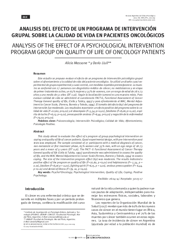 (PDF) Analisis Del Efecto De Un Programa De Intervención Grupal Sobre La Calidad De Vida en ...