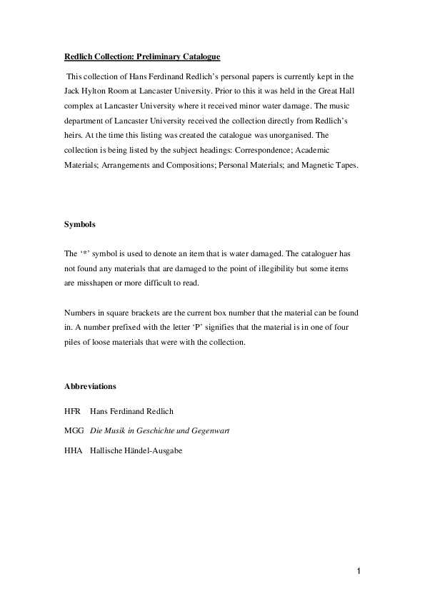 (PDF) Preliminary Catalogue of Hans Ferdinand Redlich Archive and Biography