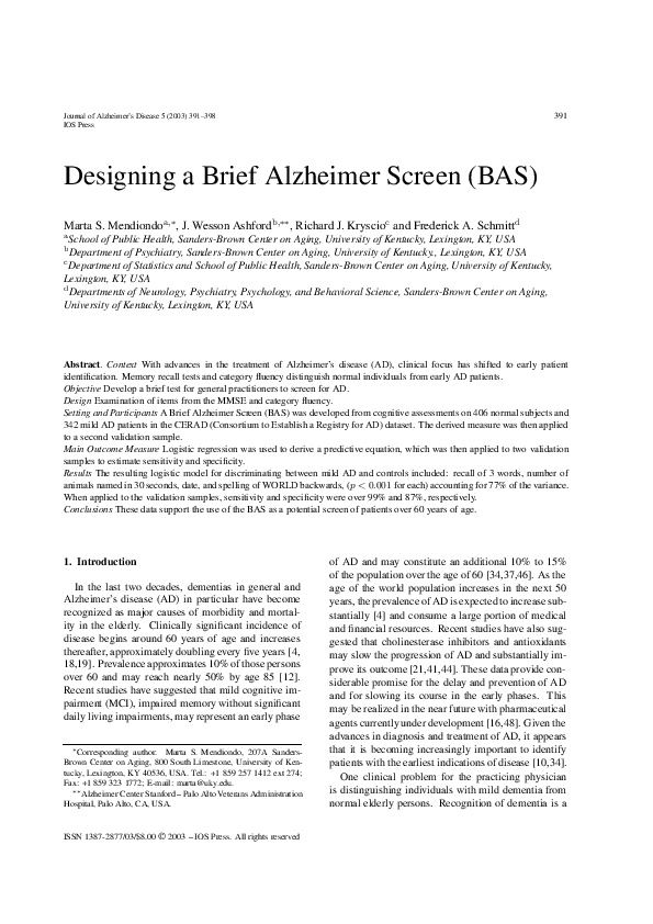 (PDF) Designing a Brief Alzheimer Screen (BAS)