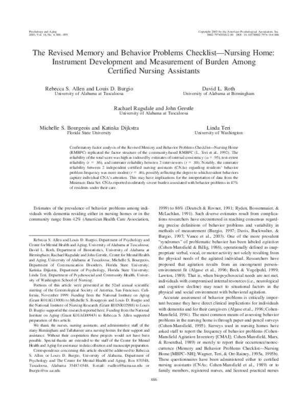 (PDF) Revised Memory and Behavior Problems checklist