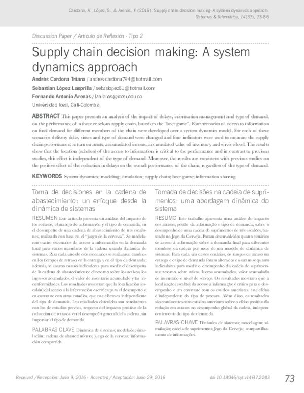 (PDF) Supply chain decision making: A system dynamics approach