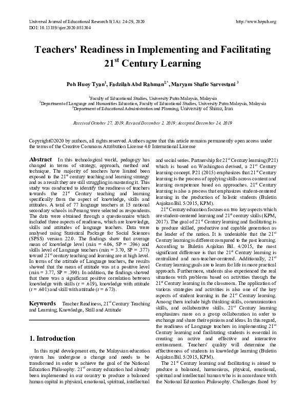 (PDF) Teachers' Readiness in Implementing and Facilitating 21st Century Learning