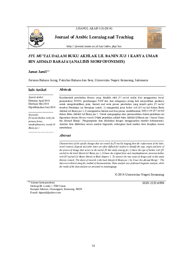 (PDF) Fi’L Mu’Tal Dalam Buku Akhlak Lil Banin Juz 1 Karya Umar Bin ...