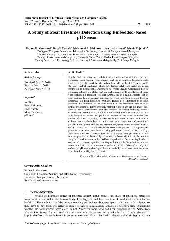 (PDF) A Study of Meat Freshness Detection using Embedded-based pH Sensor