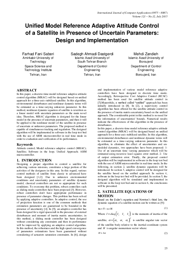 (PDF) Unified Model Reference Adaptive Attitude Control of a Satellite in Presence of Uncertain ...