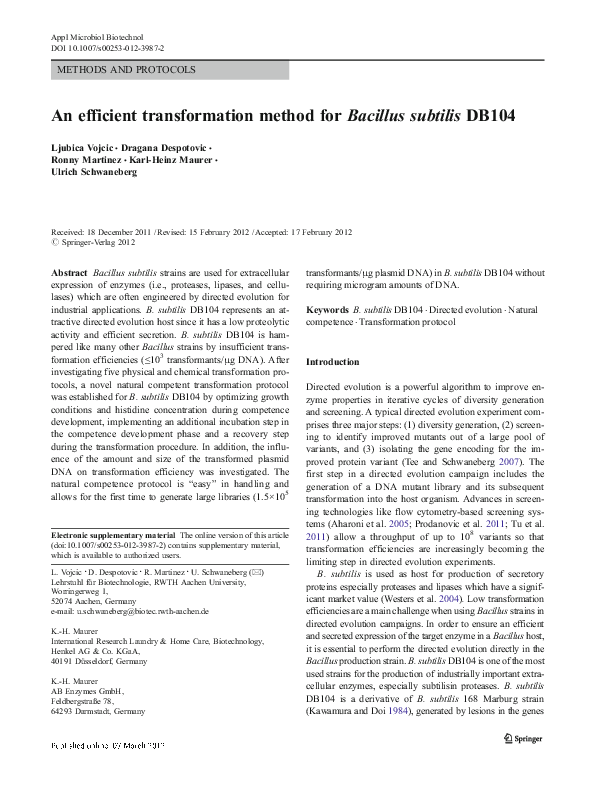 Pdf An Efficient Transformation Method For Bacillus Subtilis Db104