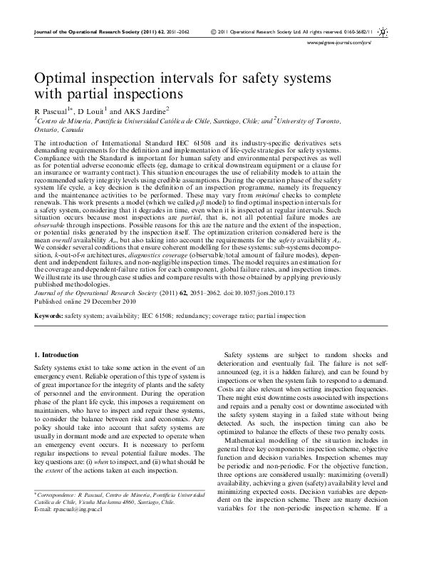 (PDF) Optimal inspection intervals for safety systems with partial ...