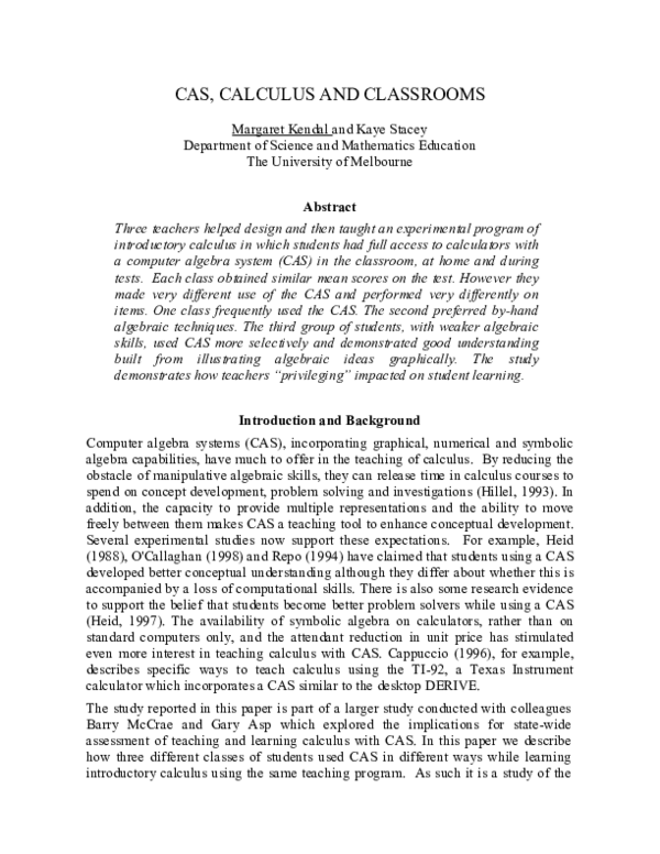 (PDF) Cas, Calculus and Classrooms