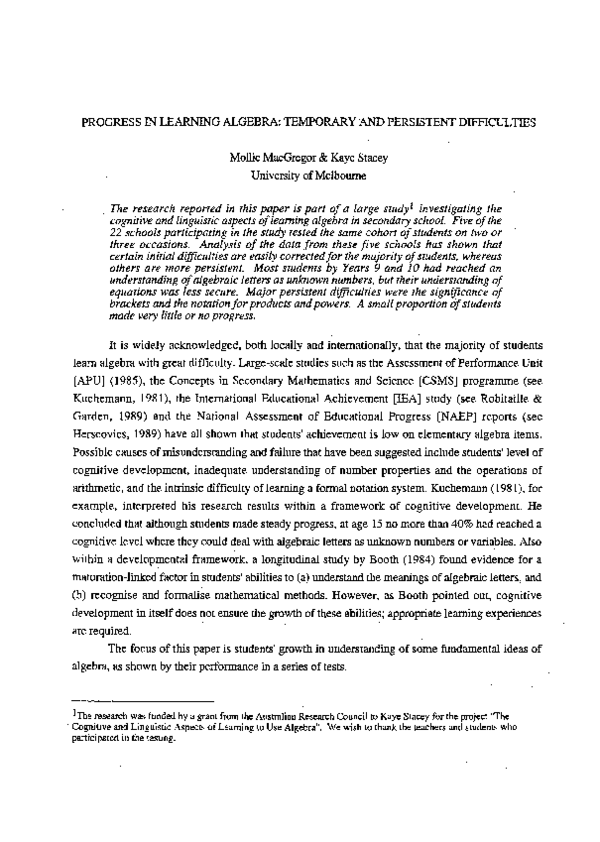 (PDF) Progress in learning algebra: Temporary and persistent difficulties