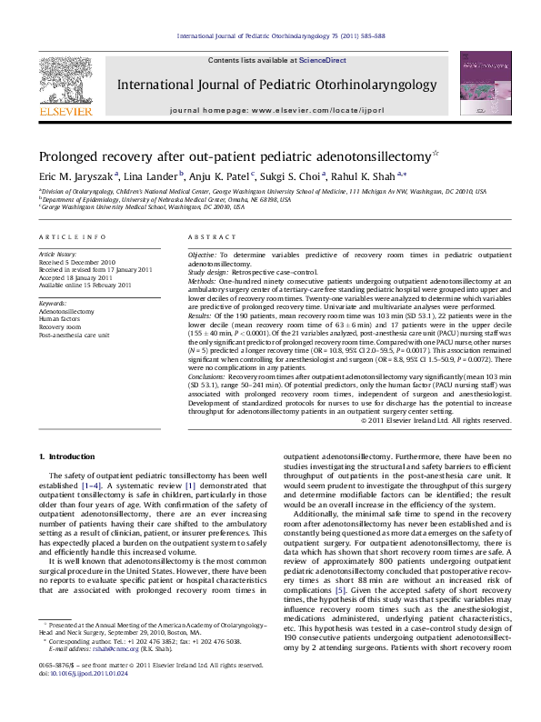 (PDF) Prolonged recovery after out-patient pediatric adenotonsillectomy
