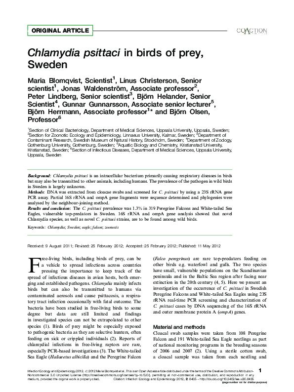(PDF) Chlamydia psittaci in birds of prey, Sweden