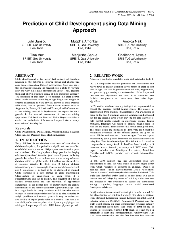 (PDF) Prediction of Child Development using Data Mining Approach