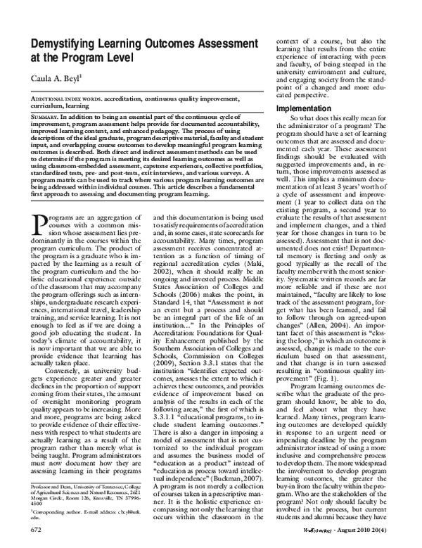 (PDF) Demystifying Learning Outcomes Assessment at the Program Level