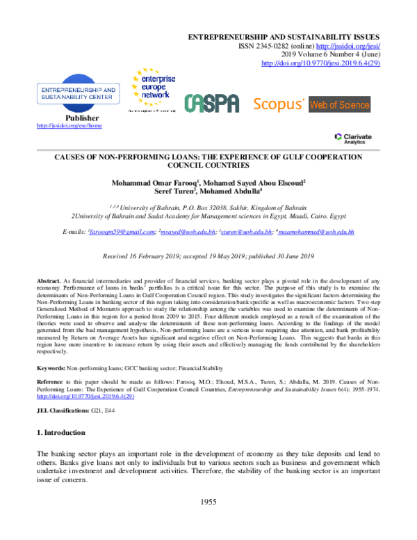(PDF) Causes of Non-Performing Loans: the experience of Gulf ...