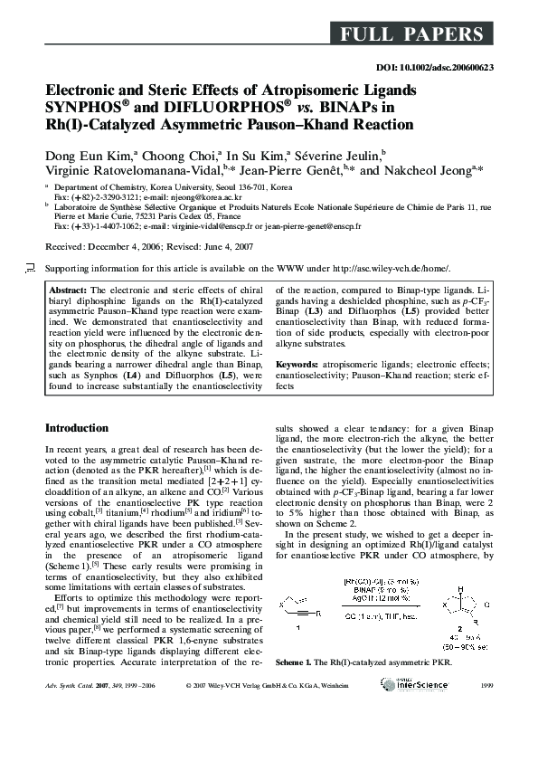 (PDF) Electronic and Steric Effects of Atropisomeric Ligands SYNPHOS® and DIFLUORPHOS®vs. BINAPs ...
