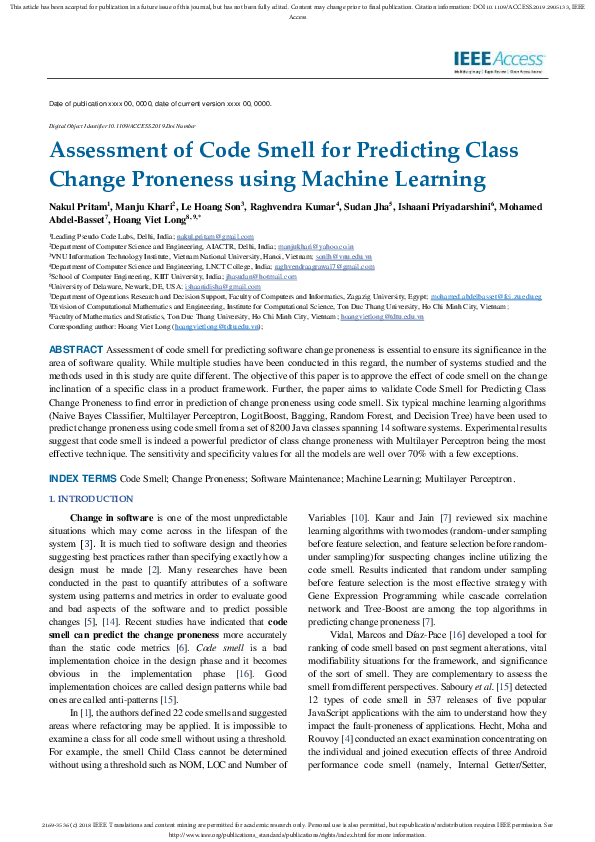 (PDF) Assessment of Code Smell for Predicting Class Change Proneness ...