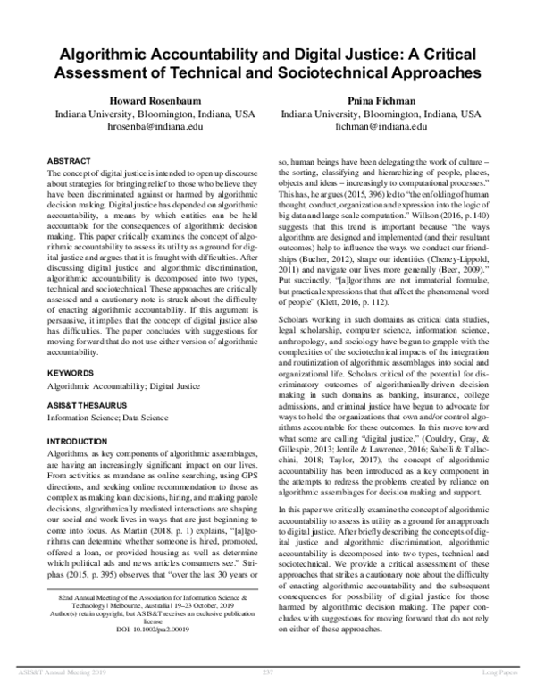 (PDF) Algorithmic accountability and digital justice: A critical ...