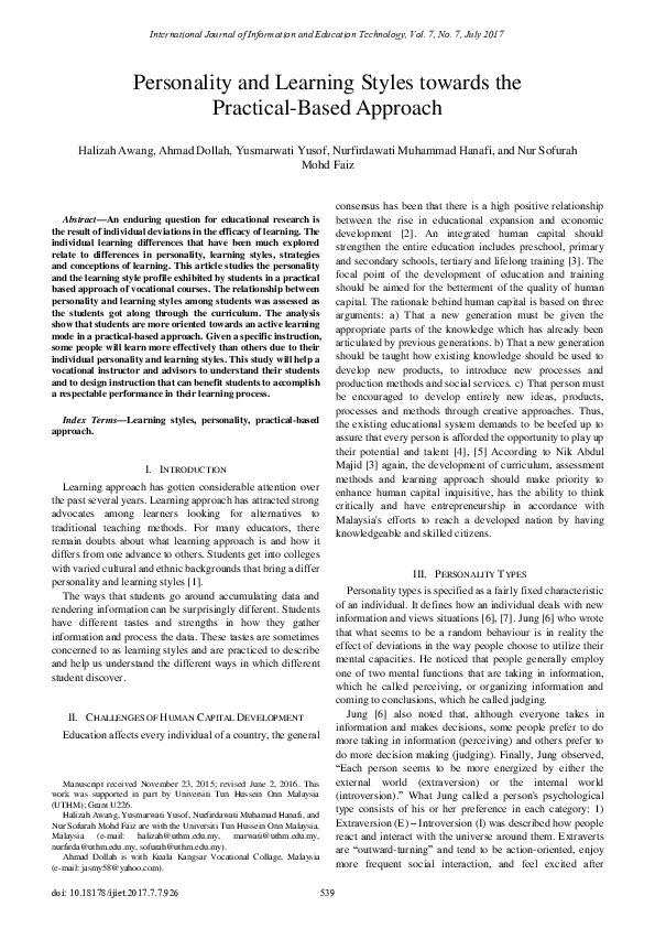(PDF) Personality and Learning Styles towards the Practical-Based Approach