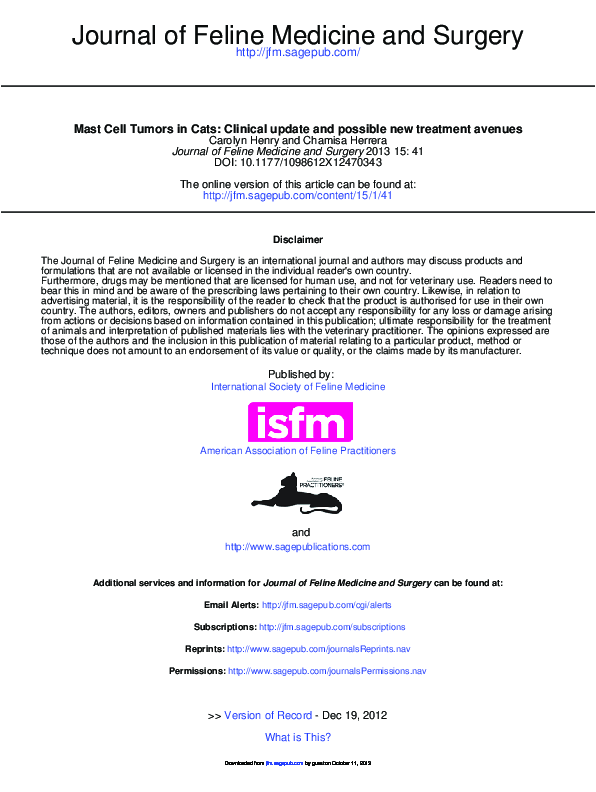(PDF) Mast Cell Tumors in Cats: Clinical update and possible new ...