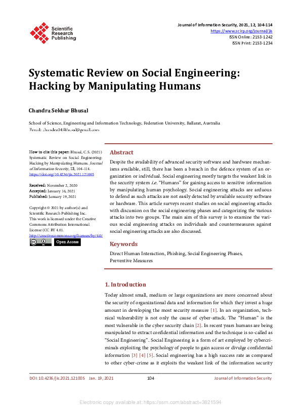 (PDF) Systematic Review on Social Engineering: Hacking by Manipulating ...