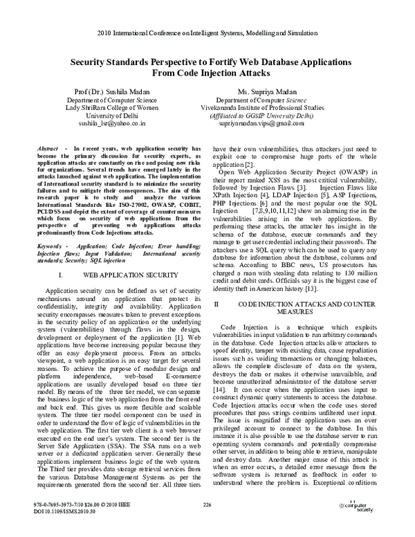 (PDF) Security Standards Perspective to Fortify Web Database Applications from Code Injection ...
