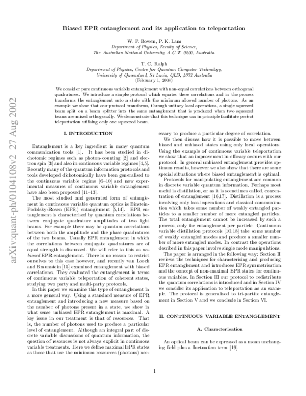 (PDF) Biased EPR entanglement and its application to teleportation