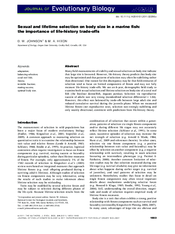 (PDF) Sexual and lifetime selection on body size in a marine fish: the ...