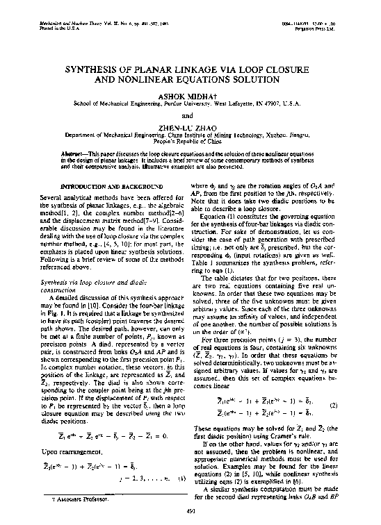(PDF) Synthesis of planar linkage via loop closure and nonlinear ...