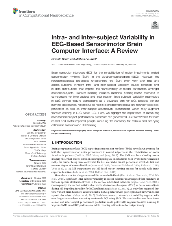 Pdf Intra And Inter Subject Variability In Eeg Based Sensorimotor Brain Computer Interface A