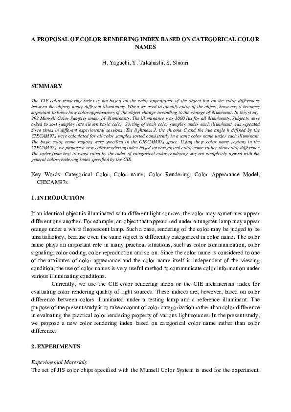 (PDF) A proposal of color rendering index based on categorical color names