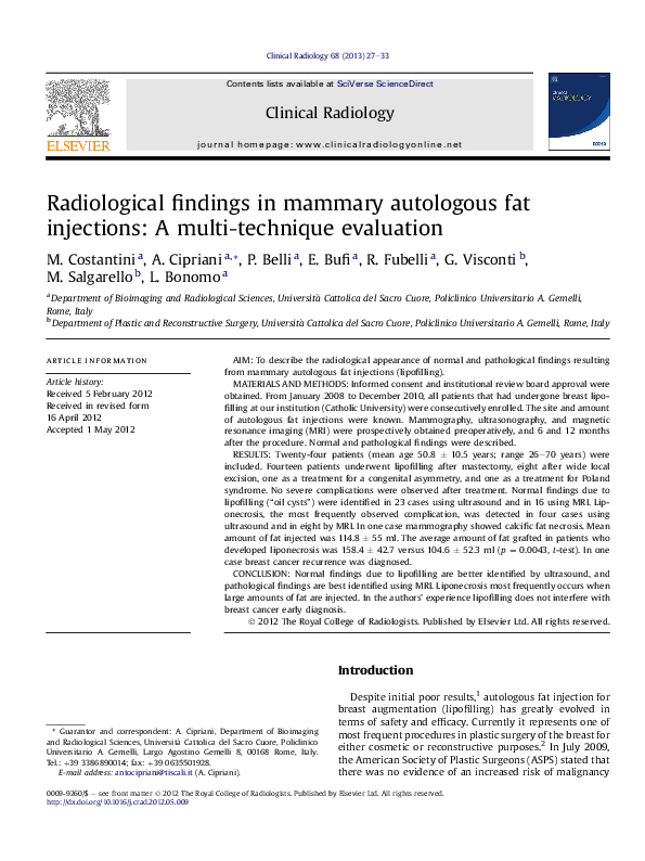 (PDF) Radiological findings in mammary autologous fat injections: A ...