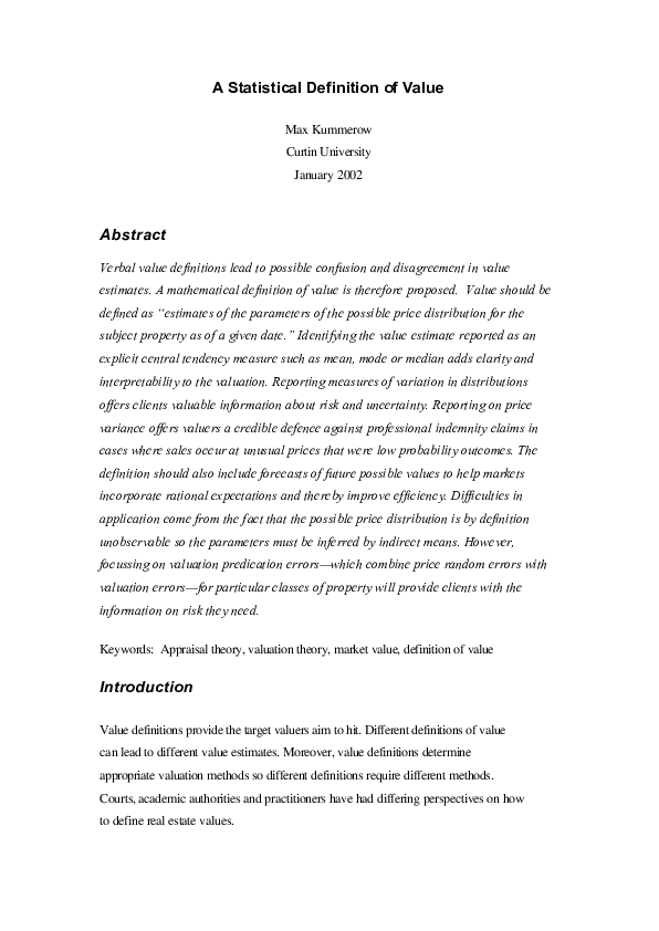 (PDF) A Statistical Definition of Value