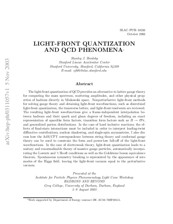 (PDF) Light-Front Quantization and QCD Phenomena