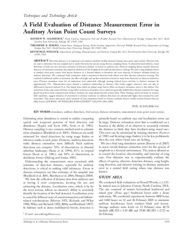 (PDF) A Field Evaluation of Distance Measurement Error in Auditory Avian Point Count Surveys